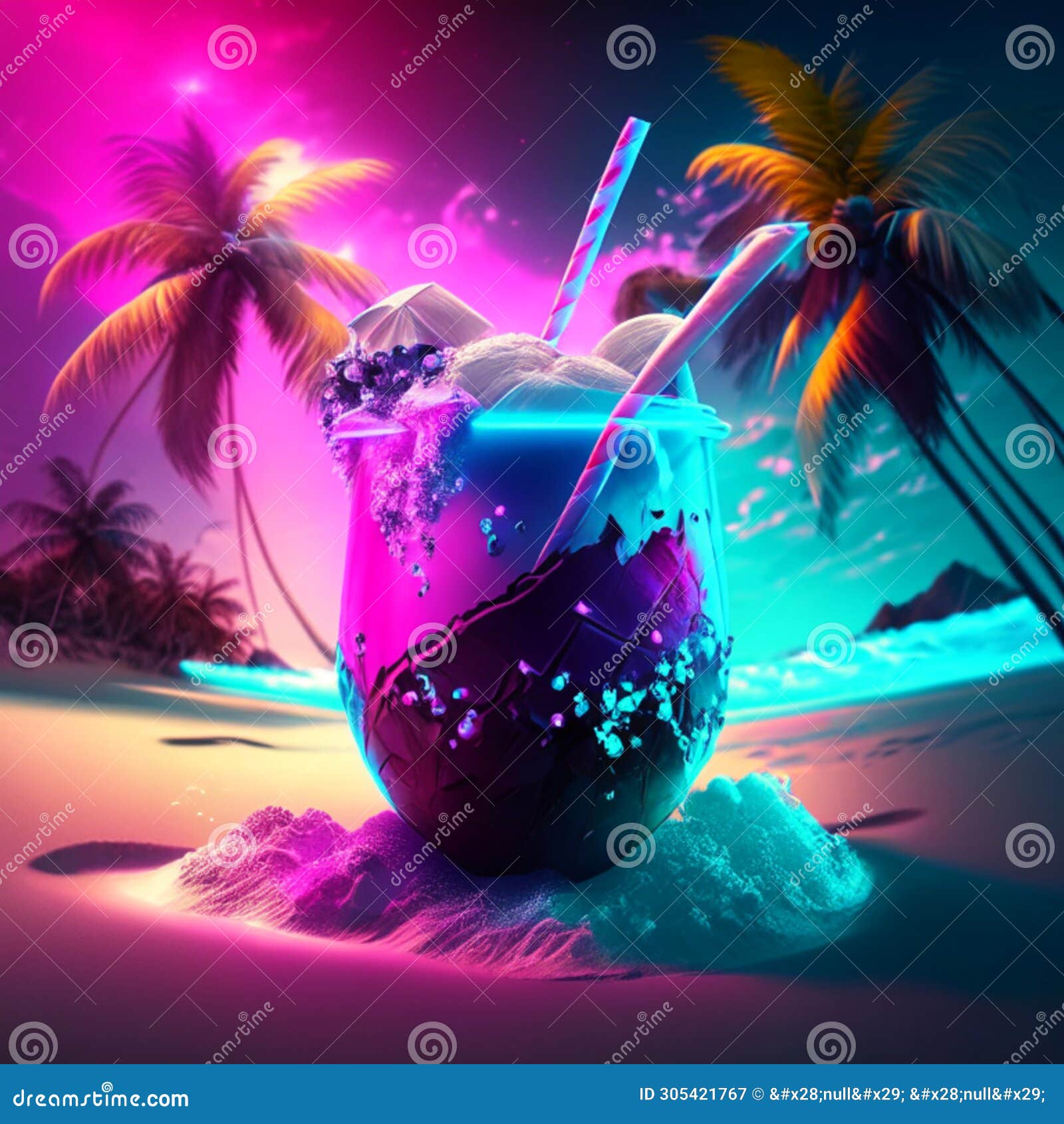 Cocktail On The Beach With Palm Trees 3d Illustration Generative Ai Stock Illustration
