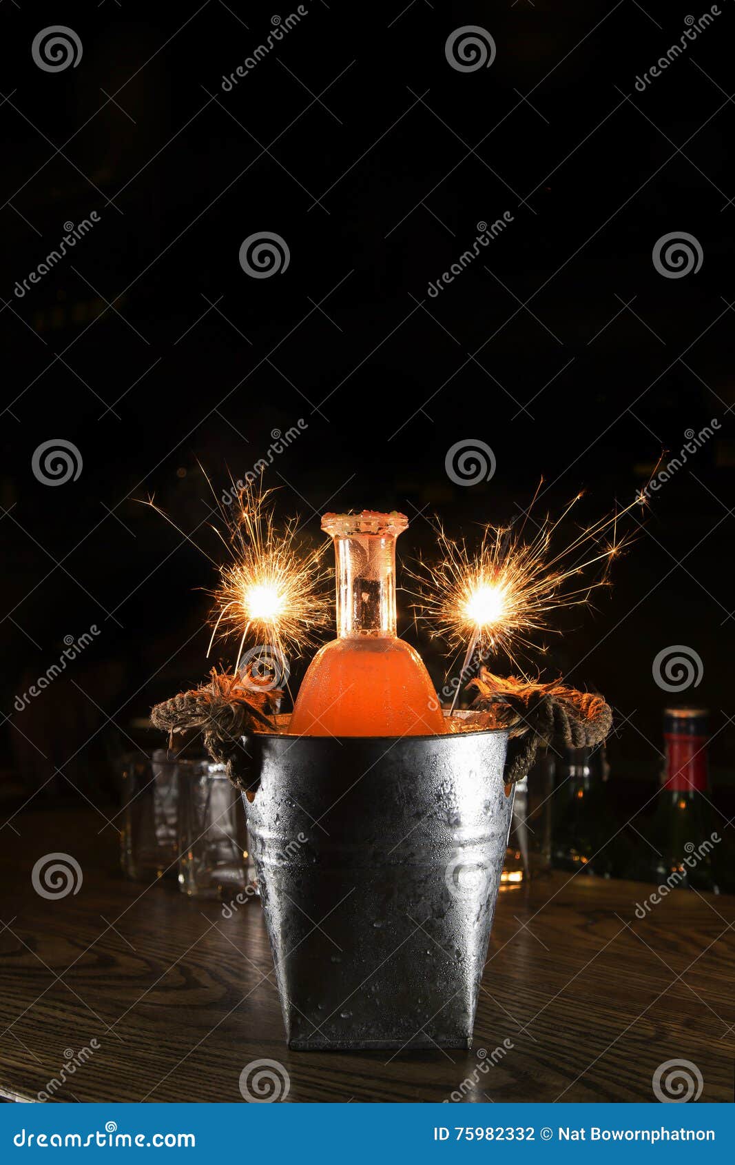 Cocktail Bottle in Tin Can with Firework Sparkler Stock Photo - Image ...