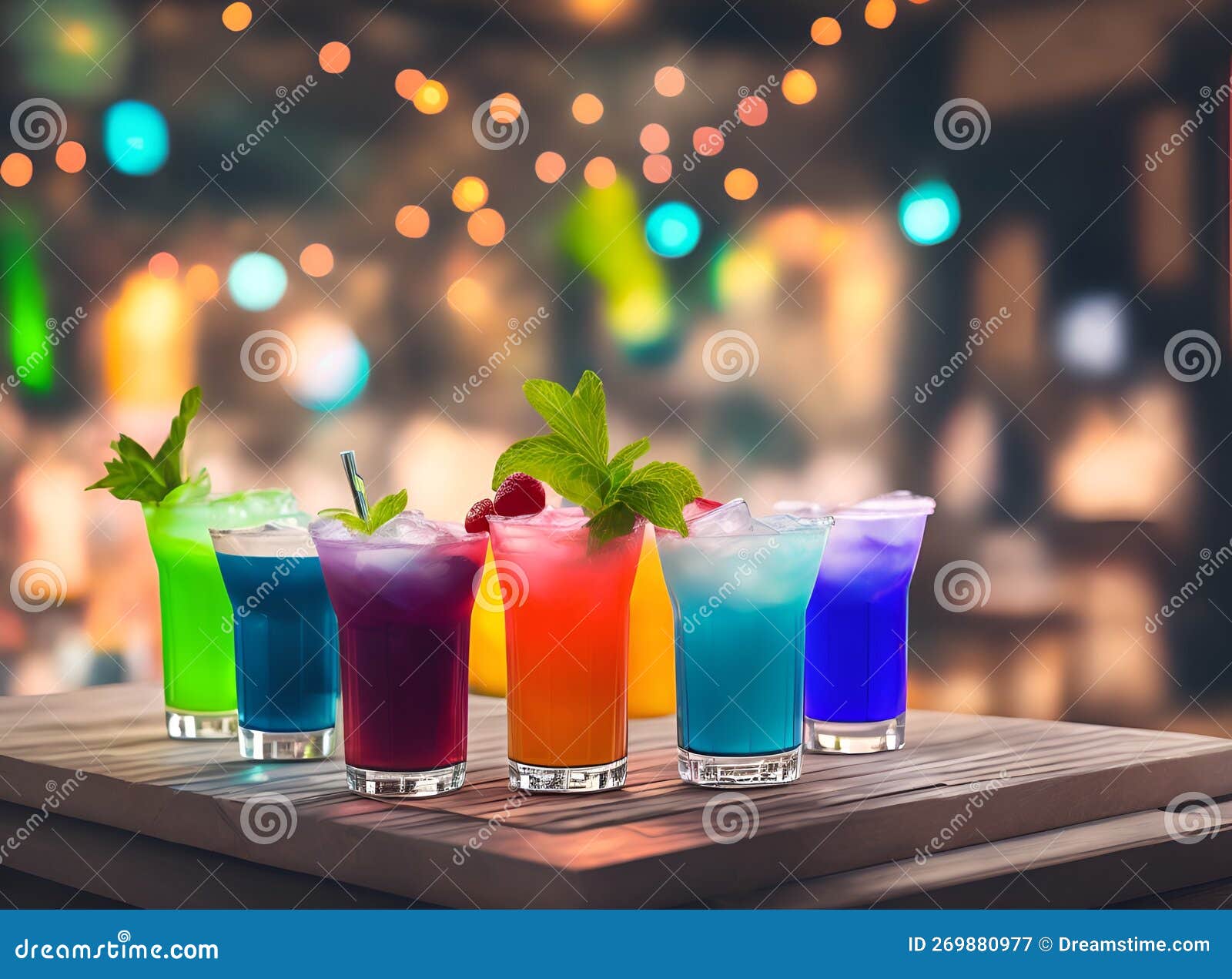 Cocktail Drinks on a Bar with Bokeh Background Stock Illustration ...