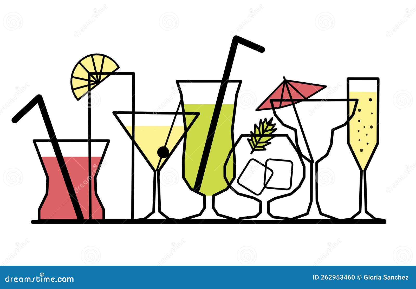 Cocktail Drinks Sets, Line Art Drinks Illustration, Party Drinks Stock ...