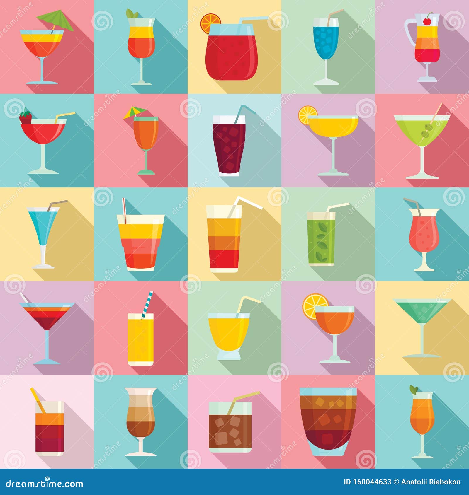 Cocktail Icons Set, Flat Style Stock Vector - Illustration of cold ...