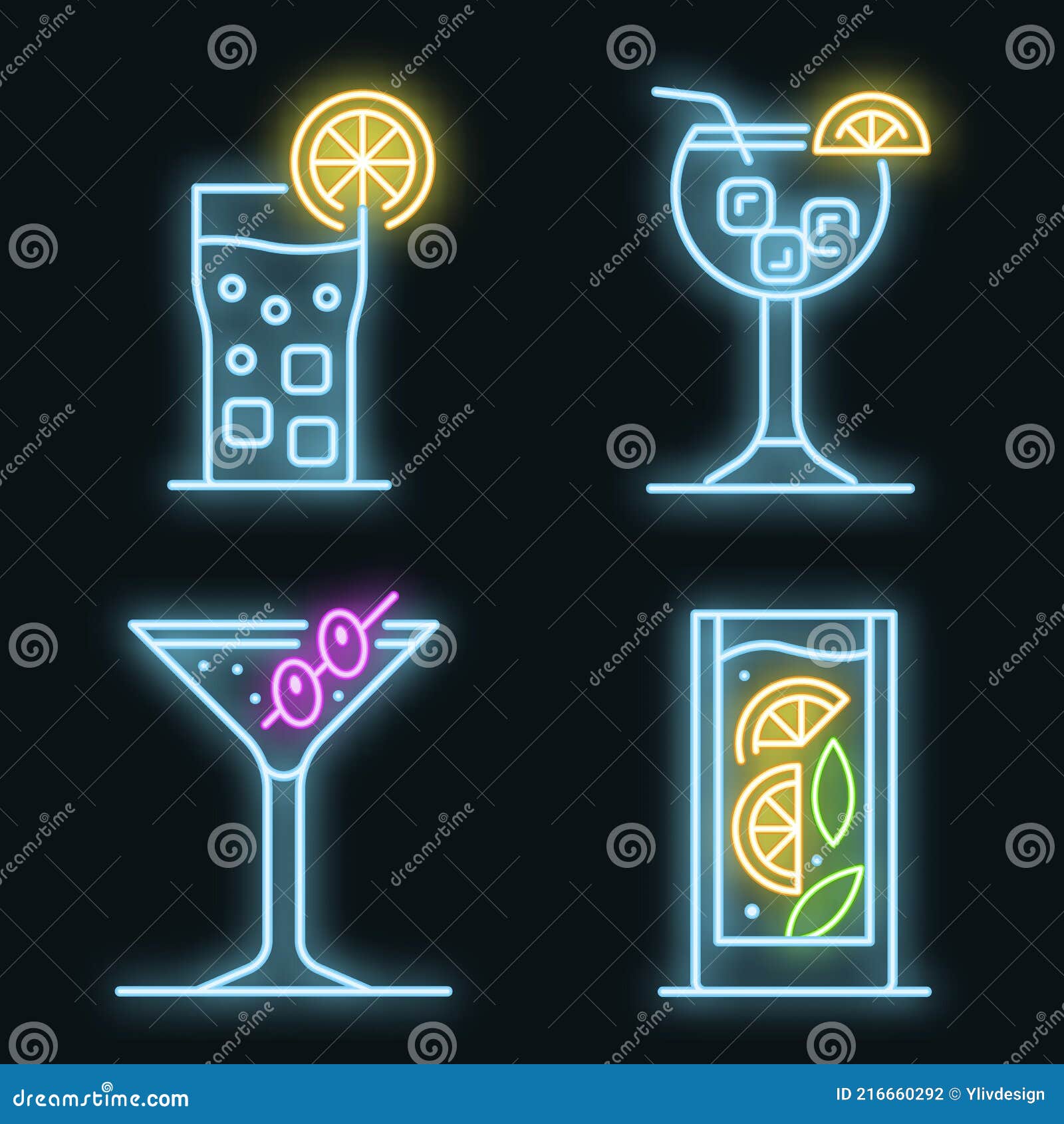 Cocktail Icons Set Vector Neon Stock Vector Illustration Of Martini