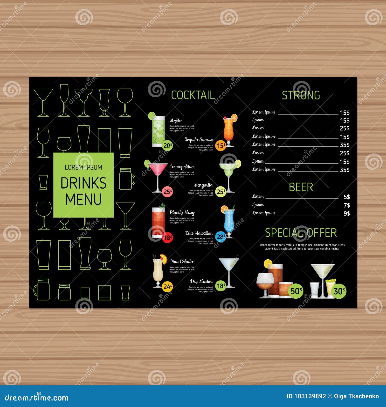 Cocktail Menu Design. Alcohol Drinks Tri-fold Leaflet Layout Template ...