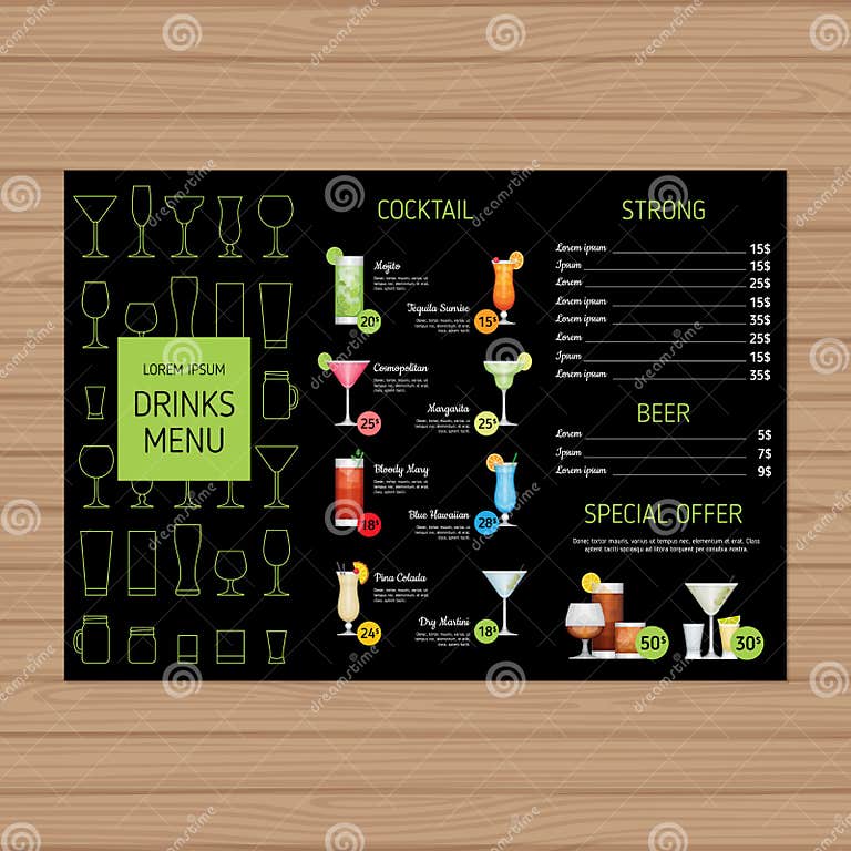 Cocktail Menu Design. Alcohol Drinks Tri-fold Leaflet Layout Template ...