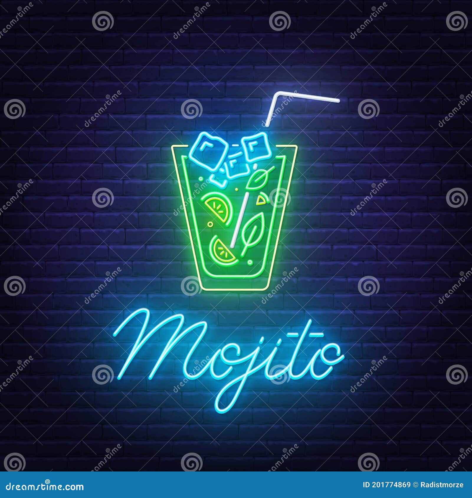 Neon Mojito Cocktail. Glowing Purple Long Drink Vector Illustration ...