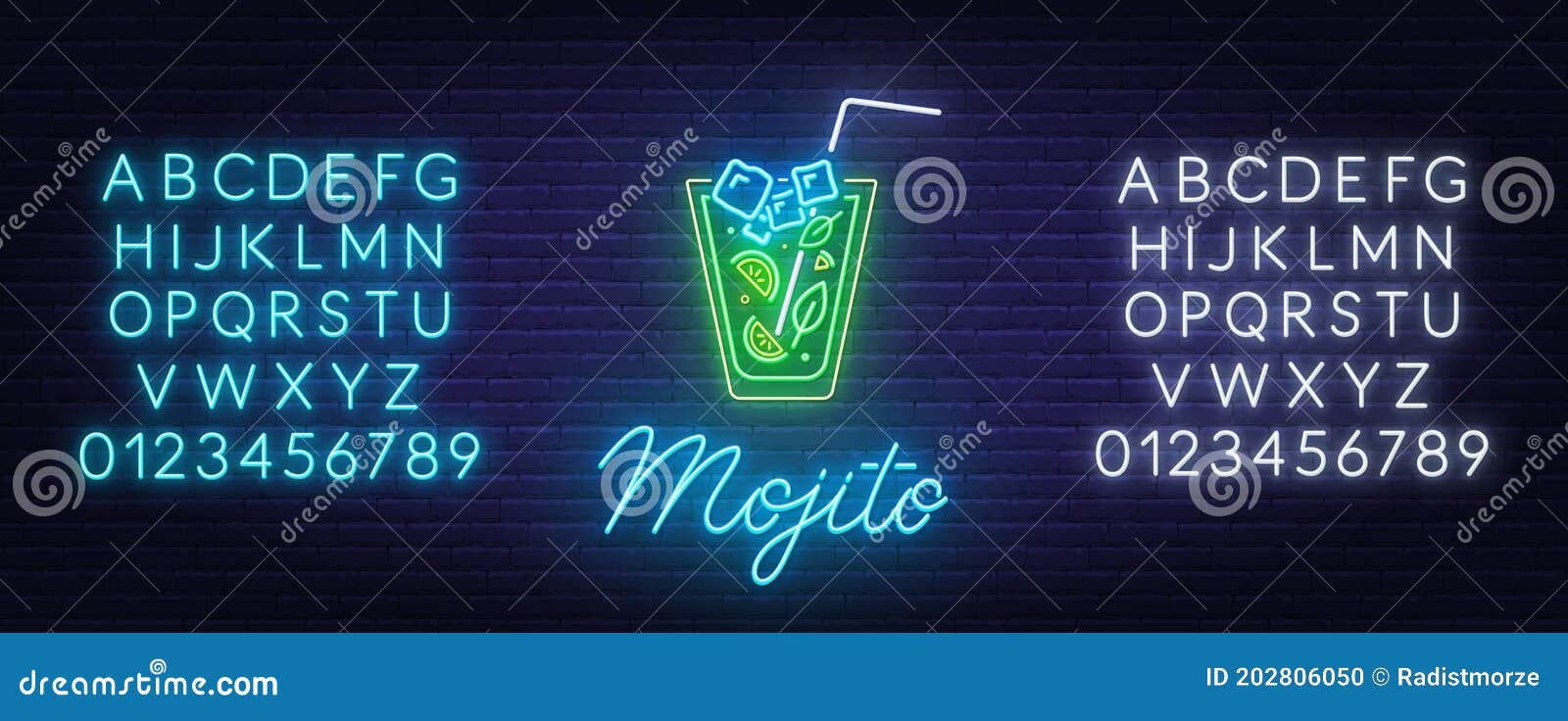 Cocktail Mojito Neon Sign on Brick Wall Background. Stock Vector ...