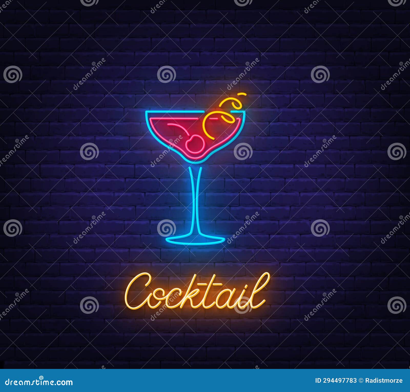Cocktail Neon Sign on Brick Wall Background. Stock Vector ...