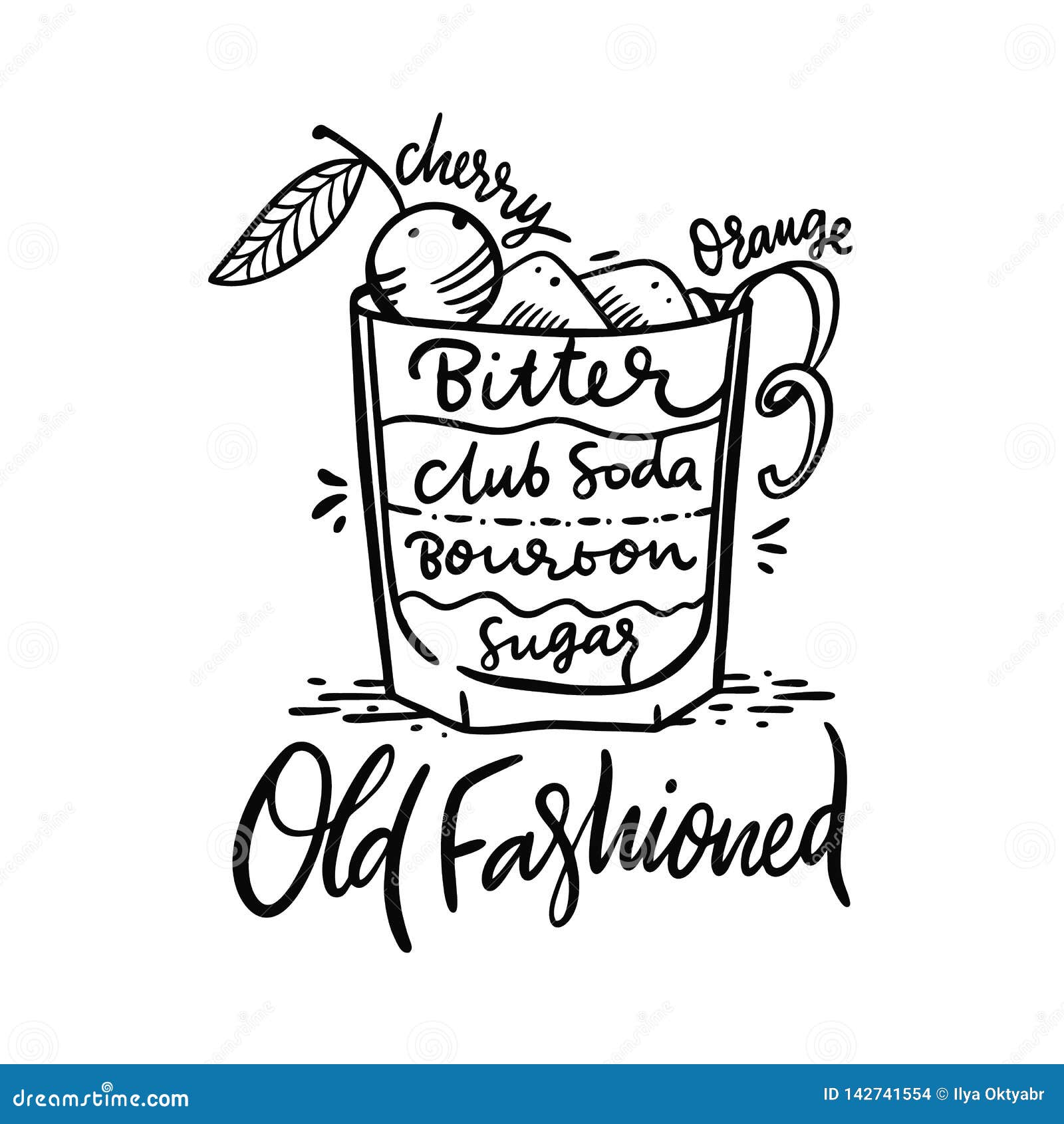 Old Fashioned Cocktail Illustration Alcoholic Bar Drink Hand Drawn