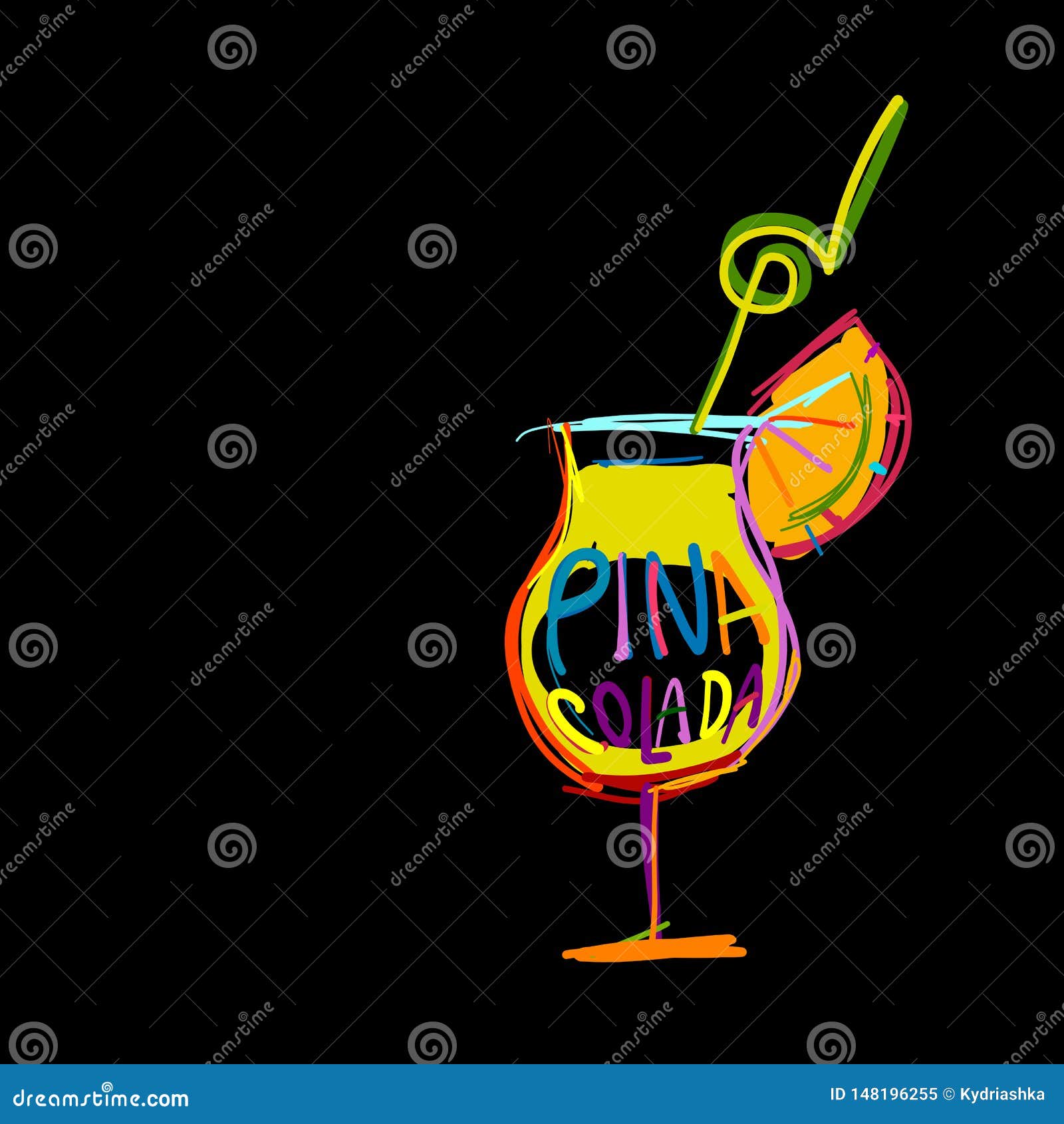 Cocktail Pina Colada. Cyanic Neon. Continuous One Line Drawing. Vector ...