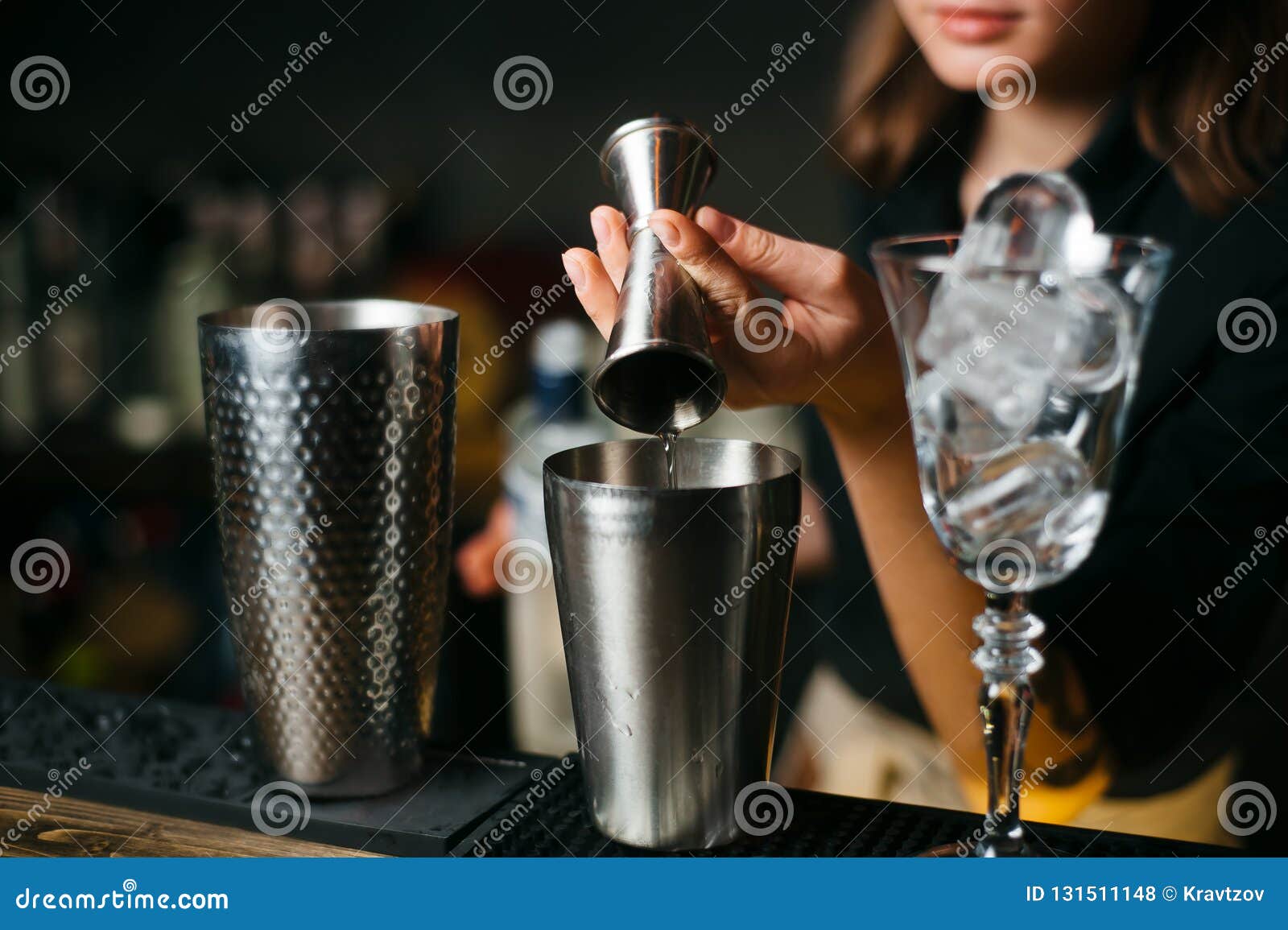 Cocktail Preparation. Bartender Coocks a Beverage at Bar Counter Stock ...