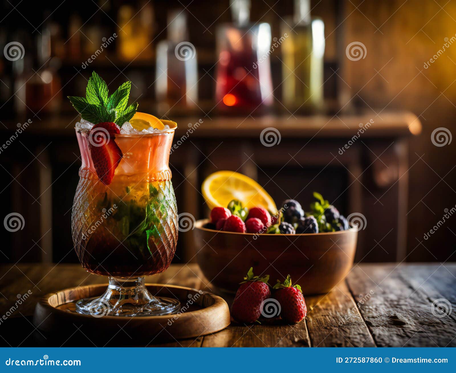 Cocktail on a Rustic Wooden Table in a Bustling Bar, AI Generative ...