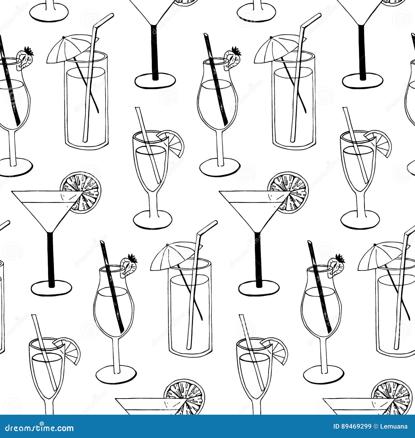 Cocktail Seamless Pattern with Hand Drawn Sketch Alcohol Refreshments ...
