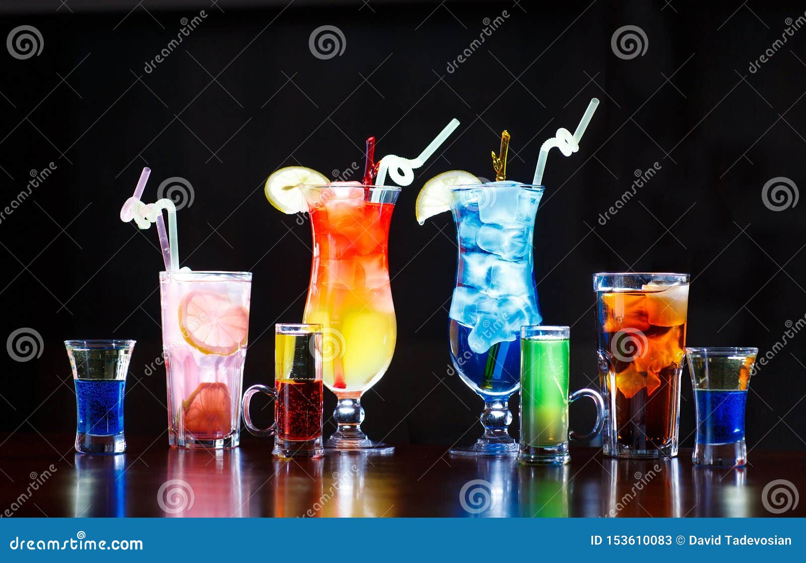 Cocktails on Bar Counter on Black Background Stock Image - Image of ...