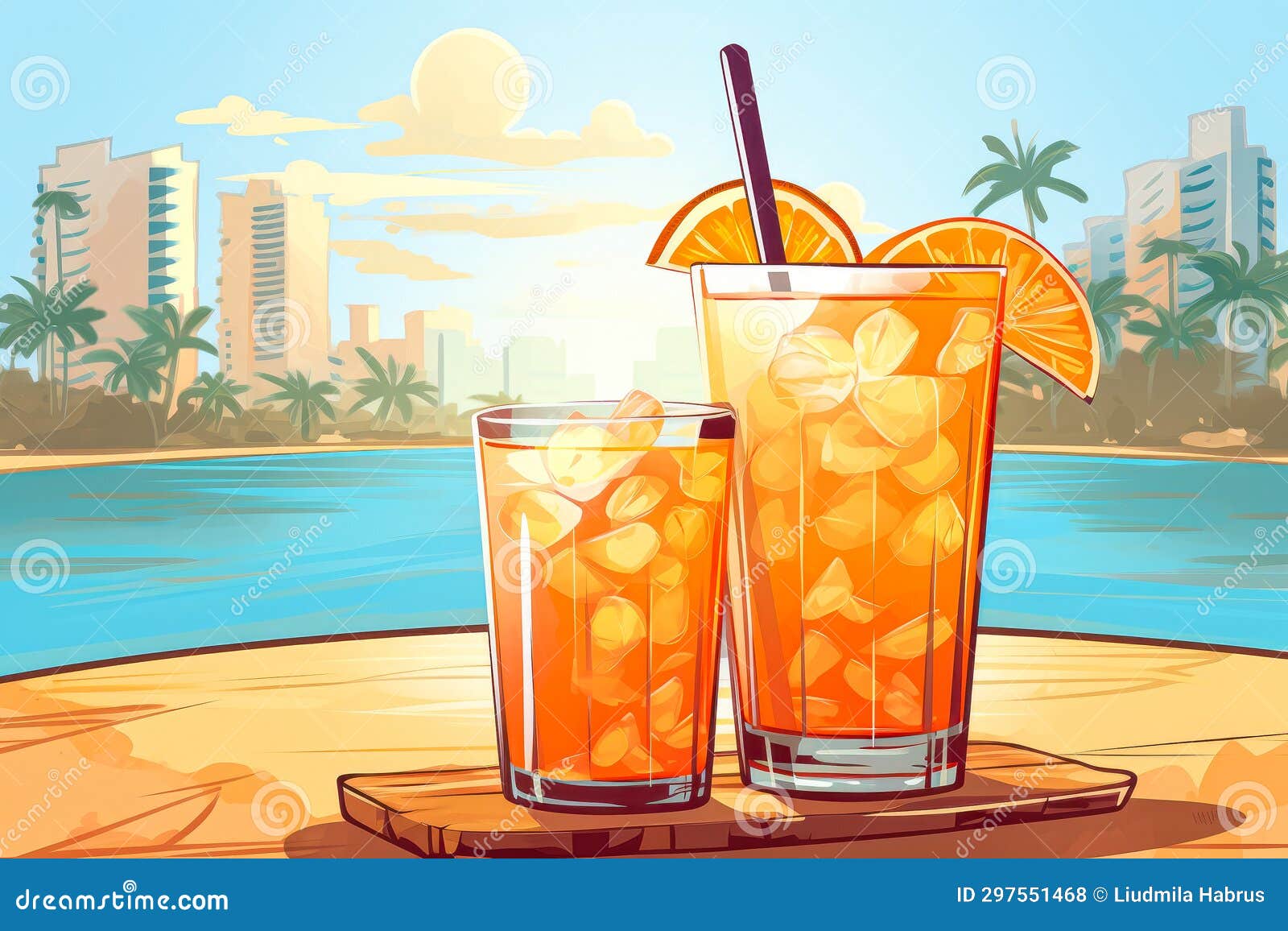 Cocktails on the Beach. Illustration in Cartoon Style. Stock Photo ...