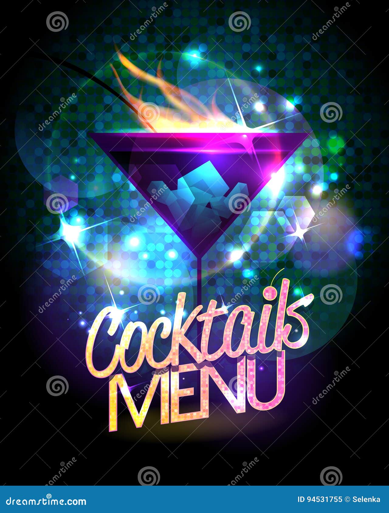 Cocktails Menu Shiny Poster Design With Disco Lights Backdrop Vector ...