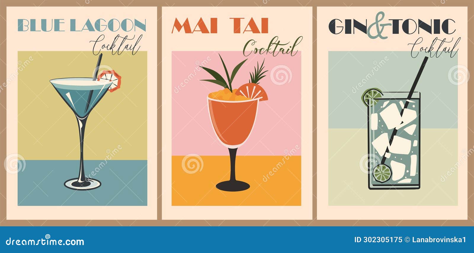 Cocktails Retro Poster Set Vintage Vector Print Stock Vector