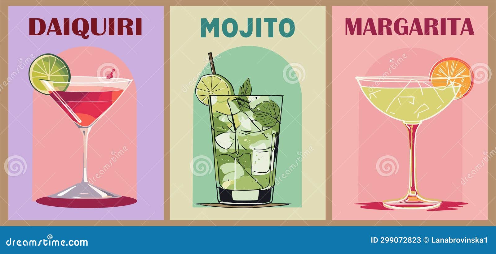 Cocktails Retro Poster Wall Art Vector Set Stock Vector Illustration