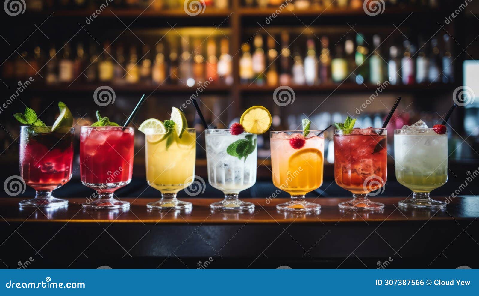 Cocktails in a Row at a Busy Bar Stock Illustration - Illustration of ...
