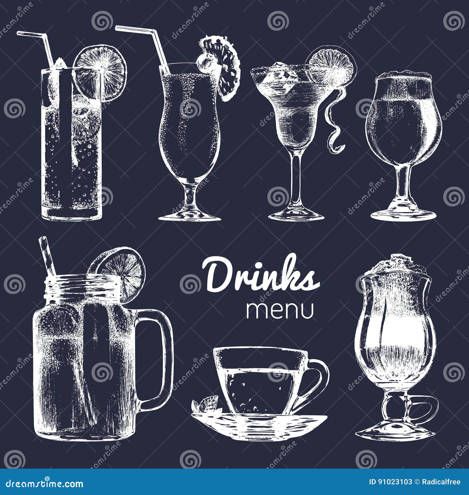 Cocktails,soft Drinks and Glasses for Bar,restaurant,cafe Menu. Hand ...