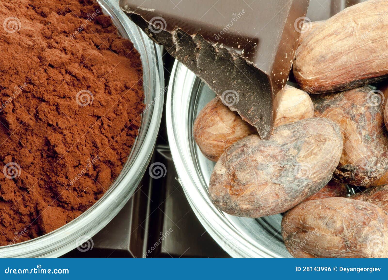 Cocoa Beans, Cocoa Powder in Bowls and Chocolate Bar Stock Photo ...