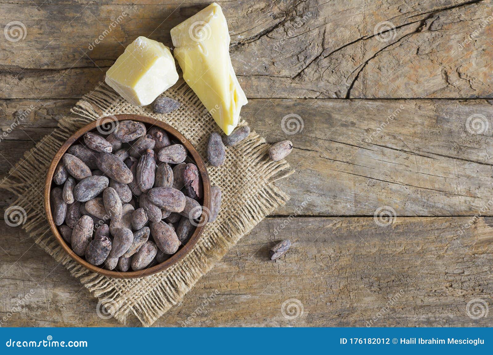 Cocoa Butter or Cocoa Bean Solid Oil with Raw Cocoa Beans in Wooden ...
