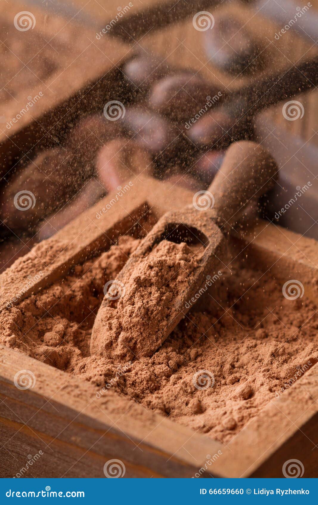 Cocoa Dust in the Air and the Box with Chocolate Powder Stock Photo ...