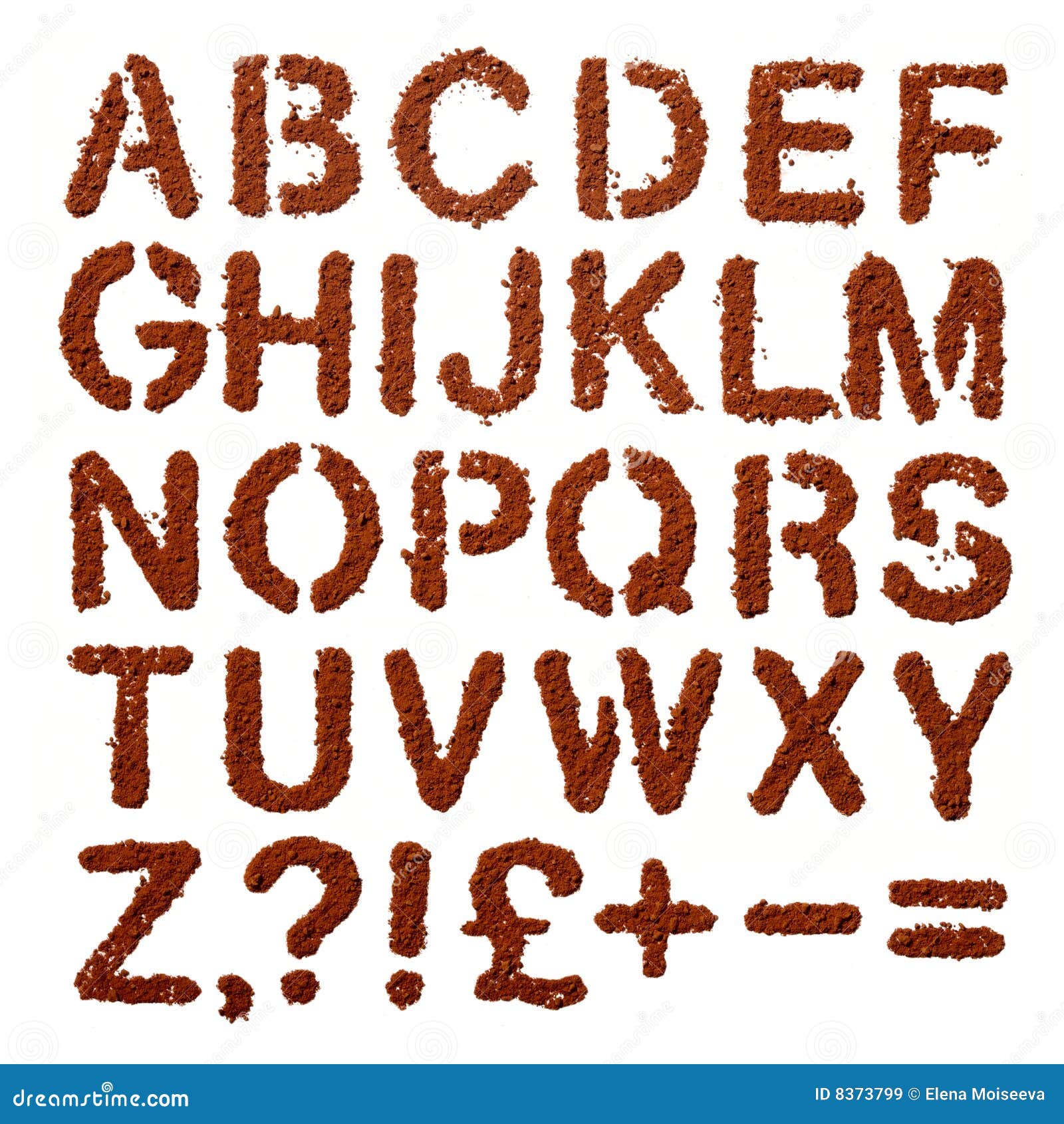 Cocoa Dust Letters Alphabet and Signs Over White Stock Image - Image of ...