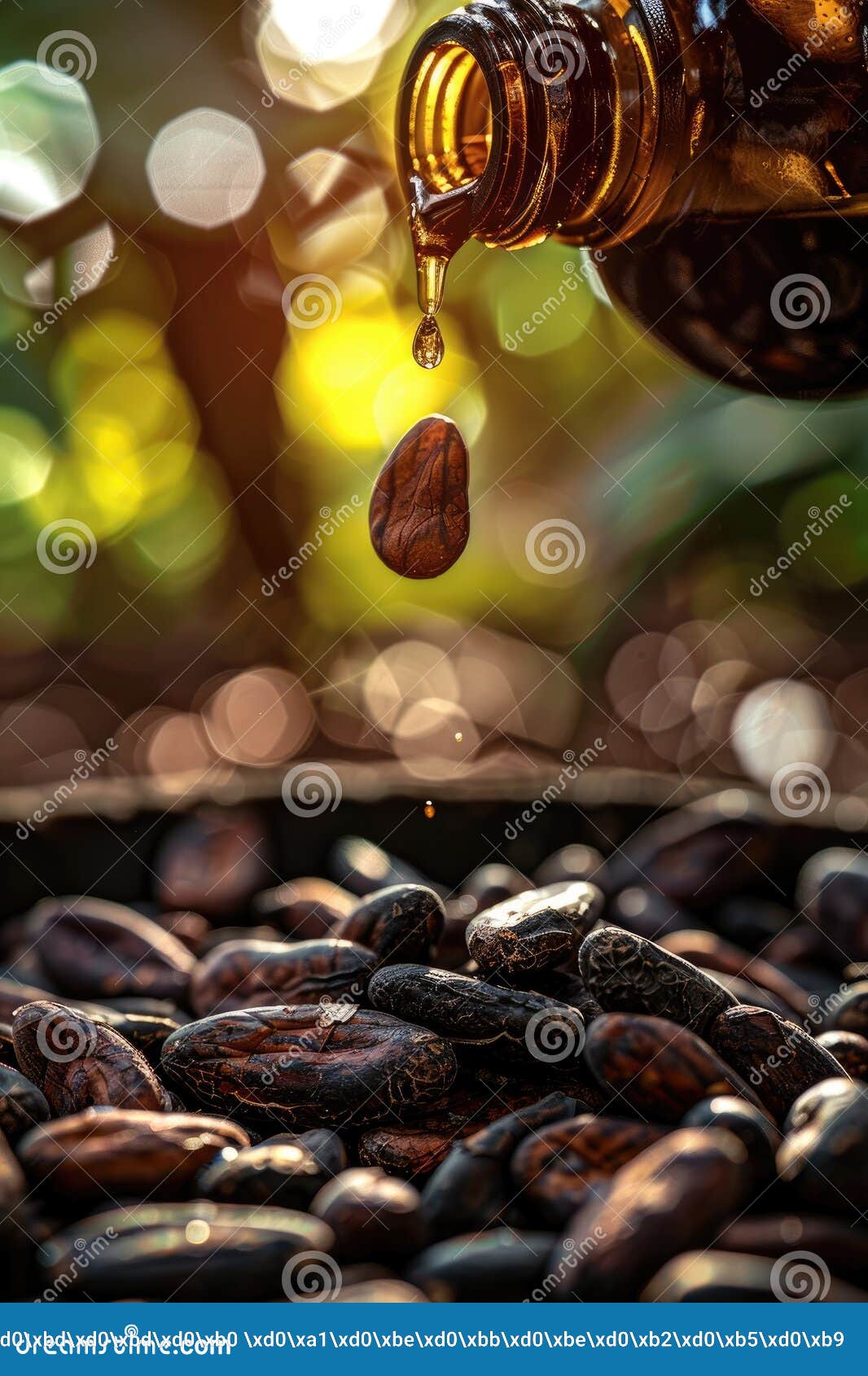 Cocoa Essential Oil Drips into the Bottle. Selective Focus Stock ...