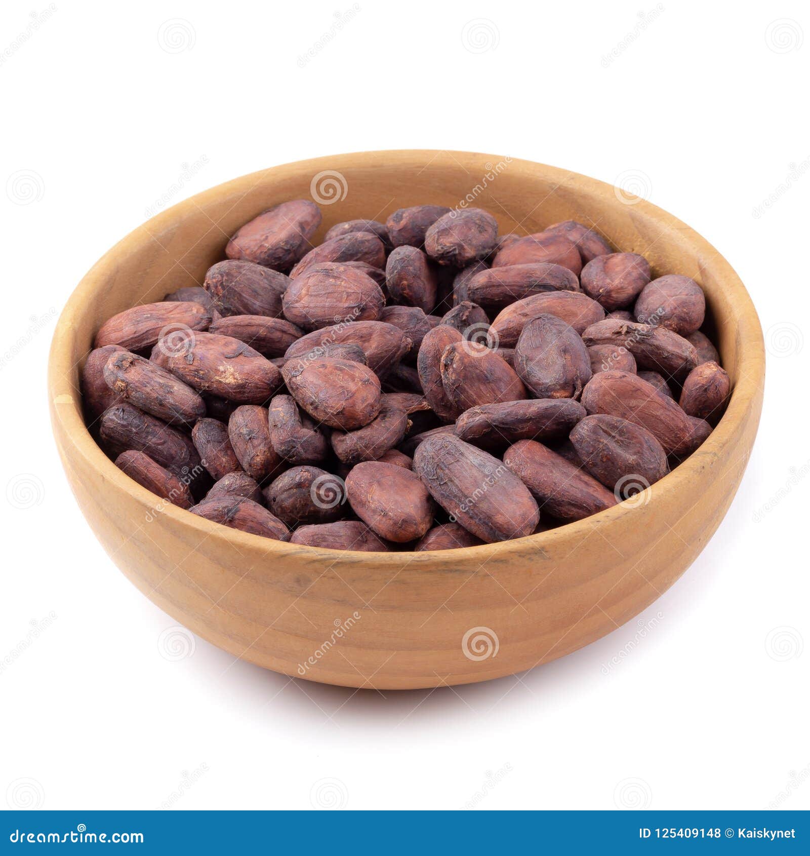 Cocoa Fruit In A Wooden Bowl Raw Cacao Beans Isolated On A Whit Stock