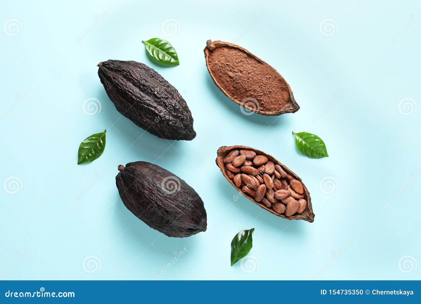 Cocoa Pods with Beans and Powder on Light Blue Background, Flat Stock ...