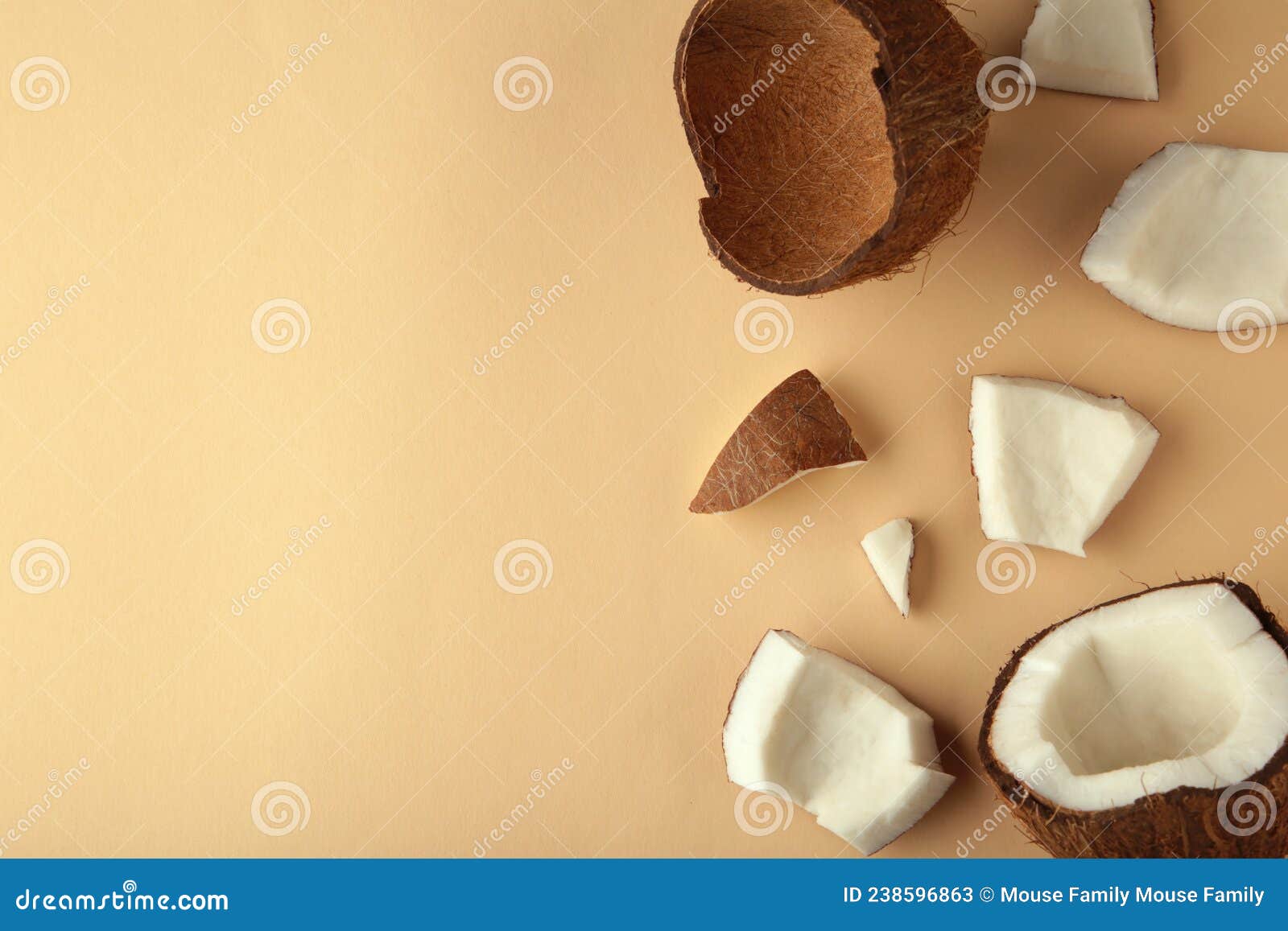 Coconut on a Beige Background. Halves and Whole Coconuts. Top View ...