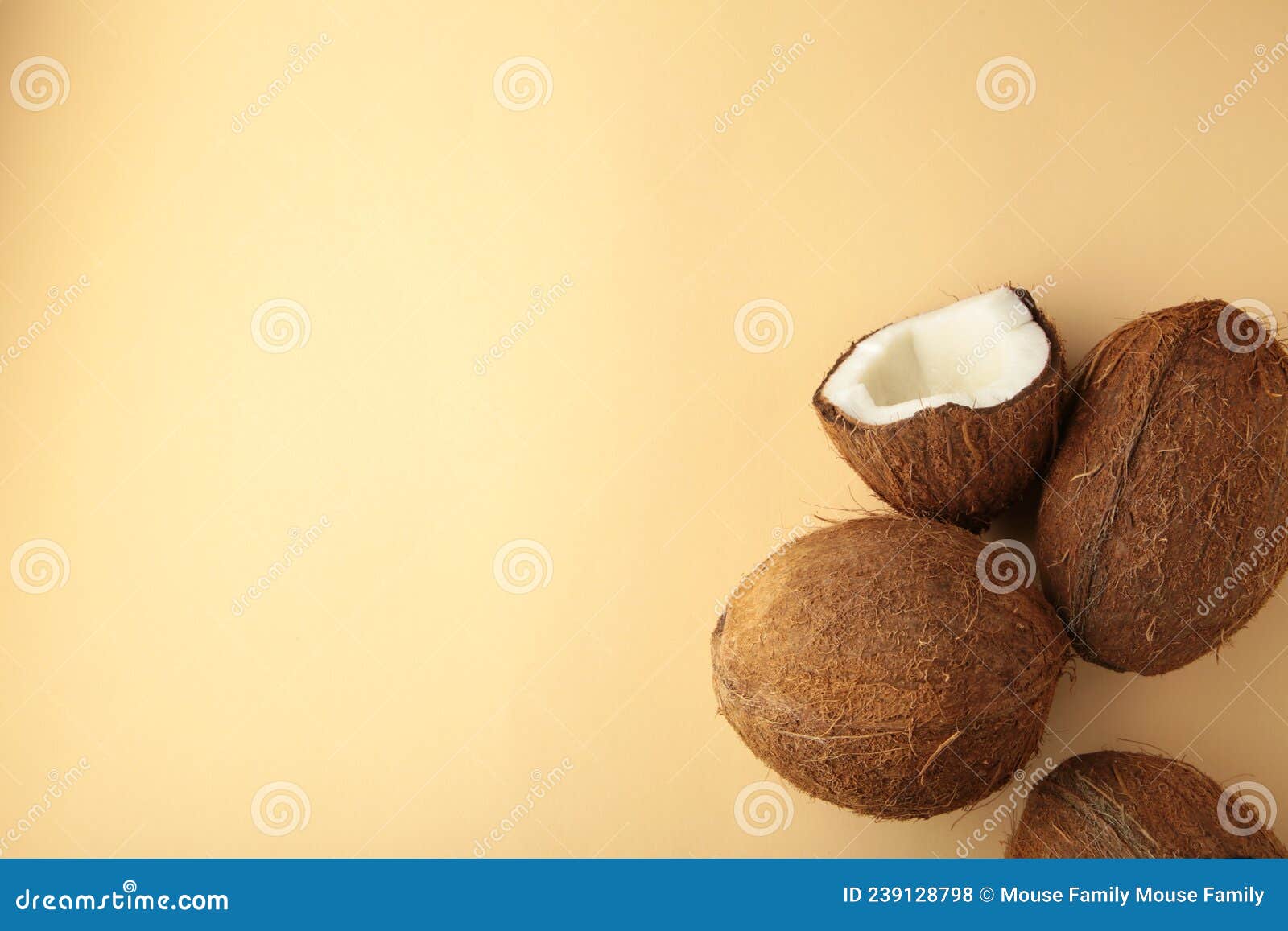 Coconut on a Beige Background. Halves and Whole Coconuts. Top View ...