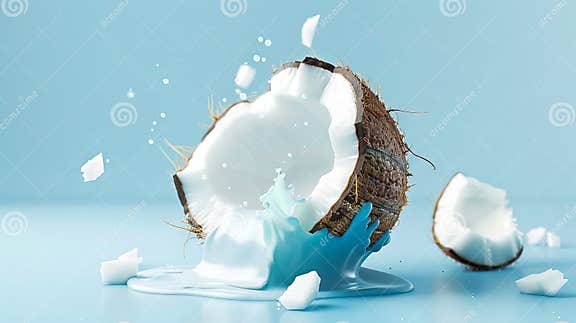 A Coconut is Being Smashed on a Blue Background Stock Image - Image of ...