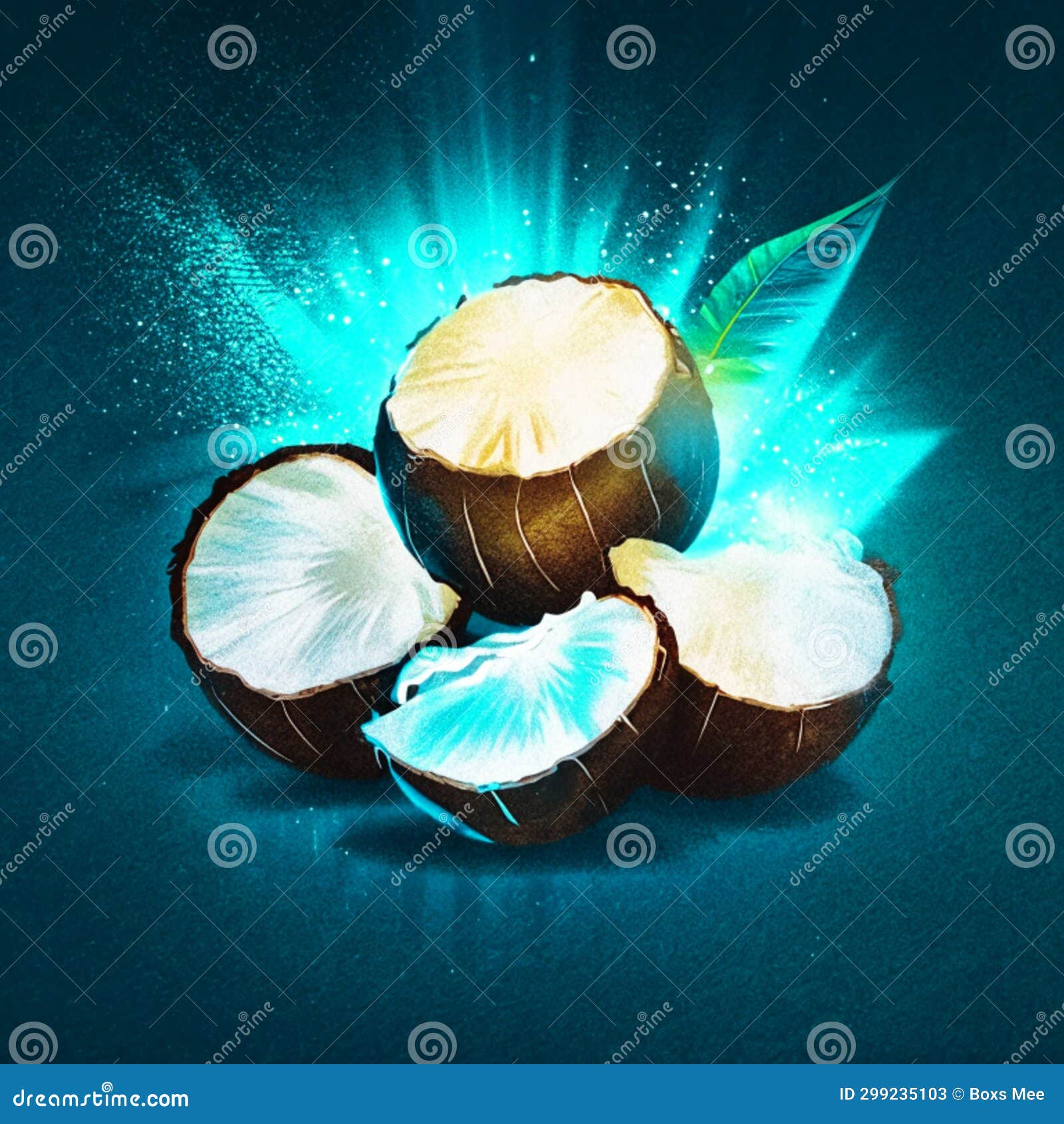 Coconut on a Blue Background with Rays of Light. 3d Illustration ...