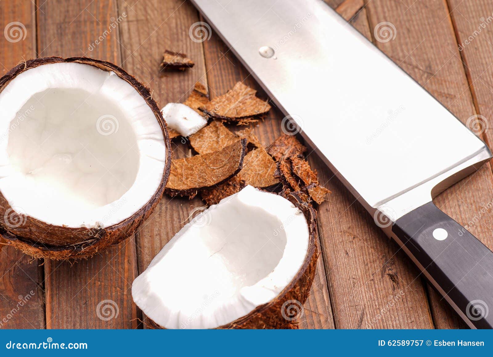Coconut, Broken and Open Ready for Eating Stock Image - Image of board ...