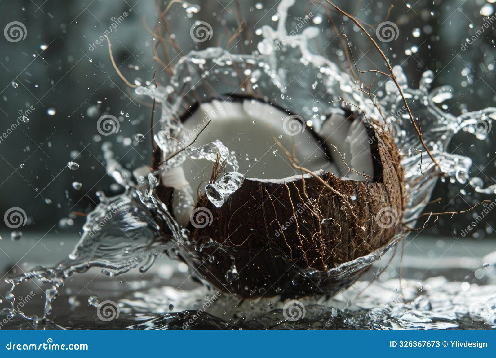 A Coconut Caught in a Dynamic Water Explosion Against a Dark Backdrop ...