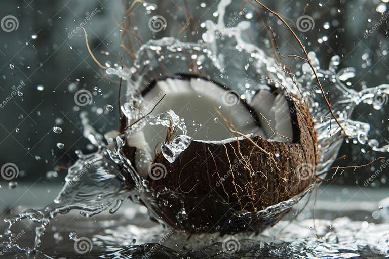 A Coconut Caught in a Dynamic Water Explosion Against a Dark Backdrop ...