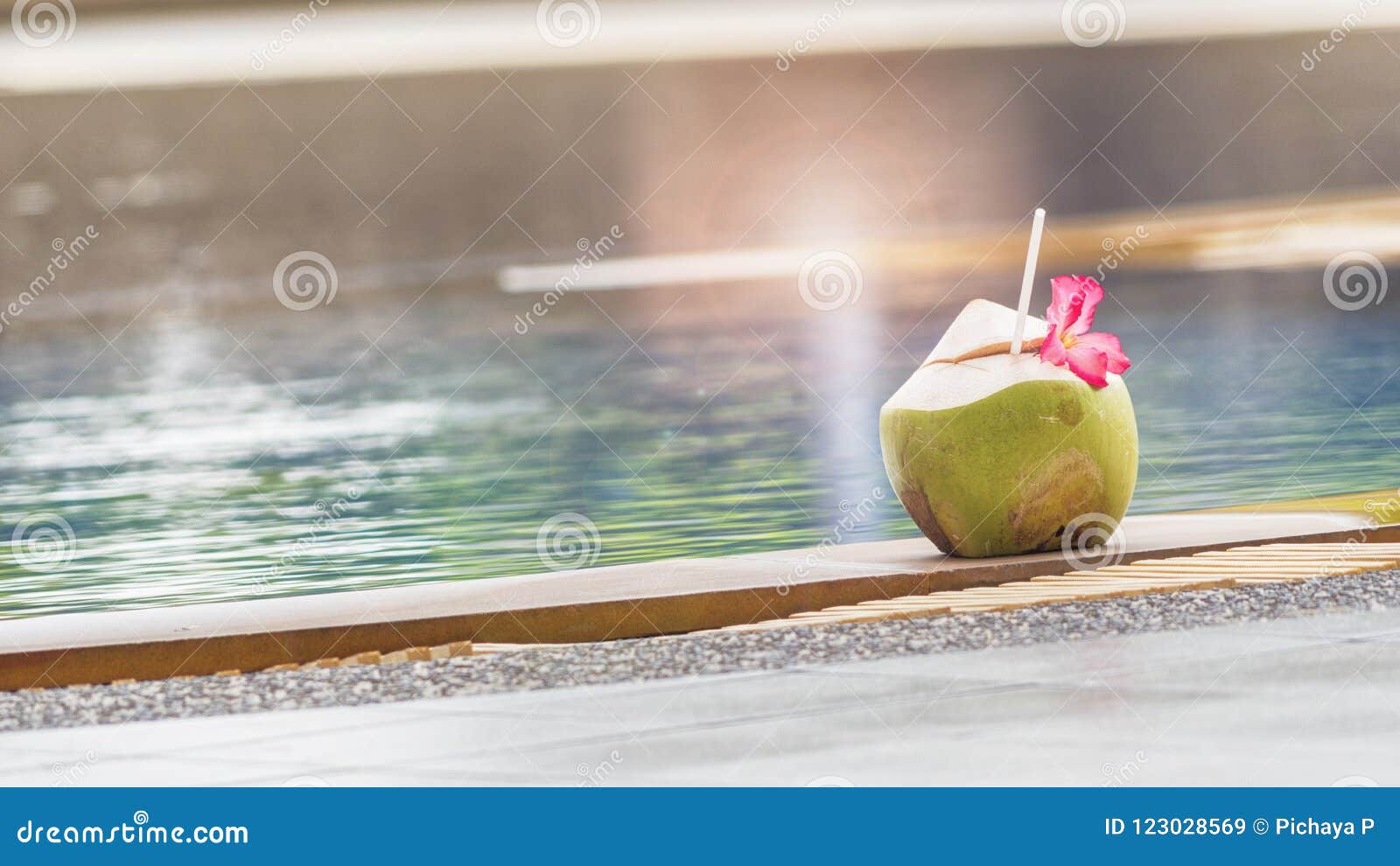 Coconut Cocktail with Drinking Straw by the Swimming Pool Stock Image ...