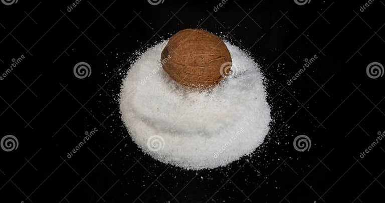Coconut, Cocos Nucifera, Fruit and Powder Exploding Against Black ...