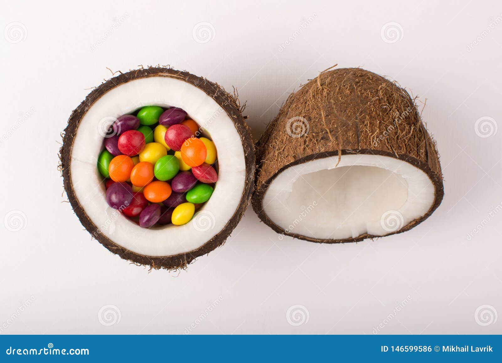 Coconut with Colorful Candies. Stock Photo - Image of isolated, fresh ...
