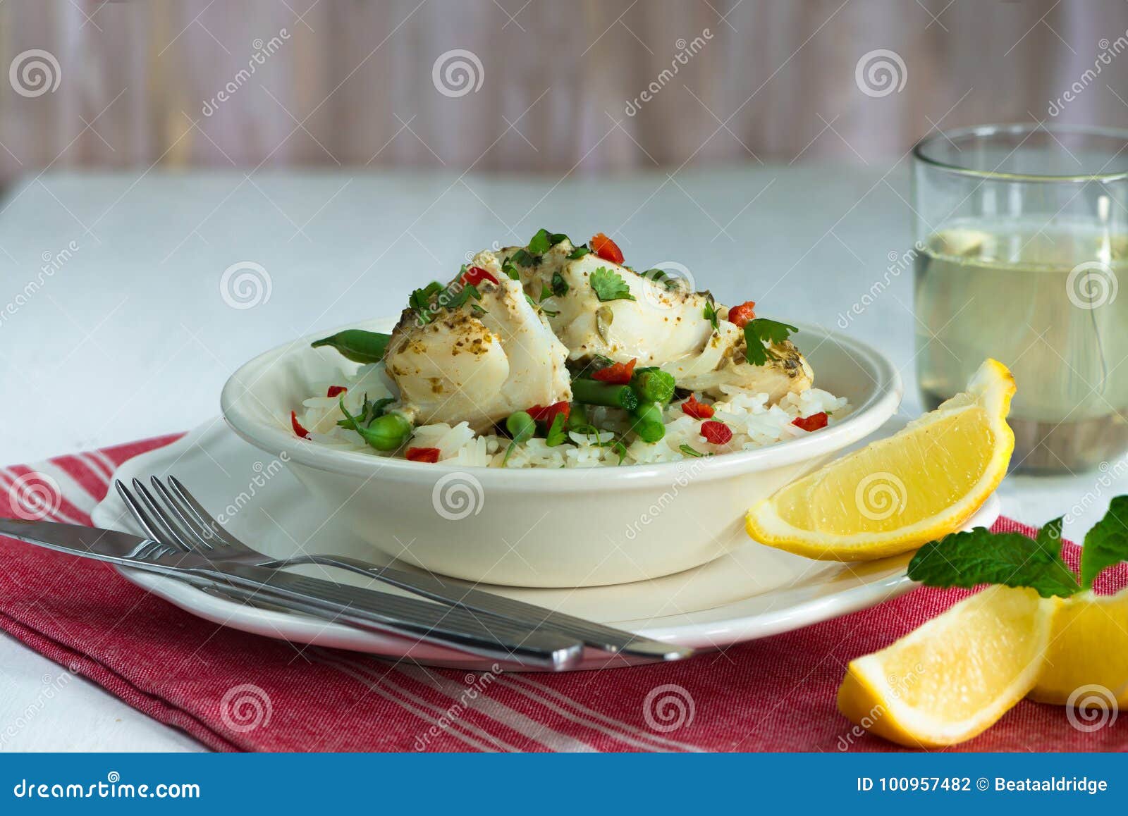 Coconut Curry Cod with Green Beans and Rice Stock Photo - Image of bowl ...