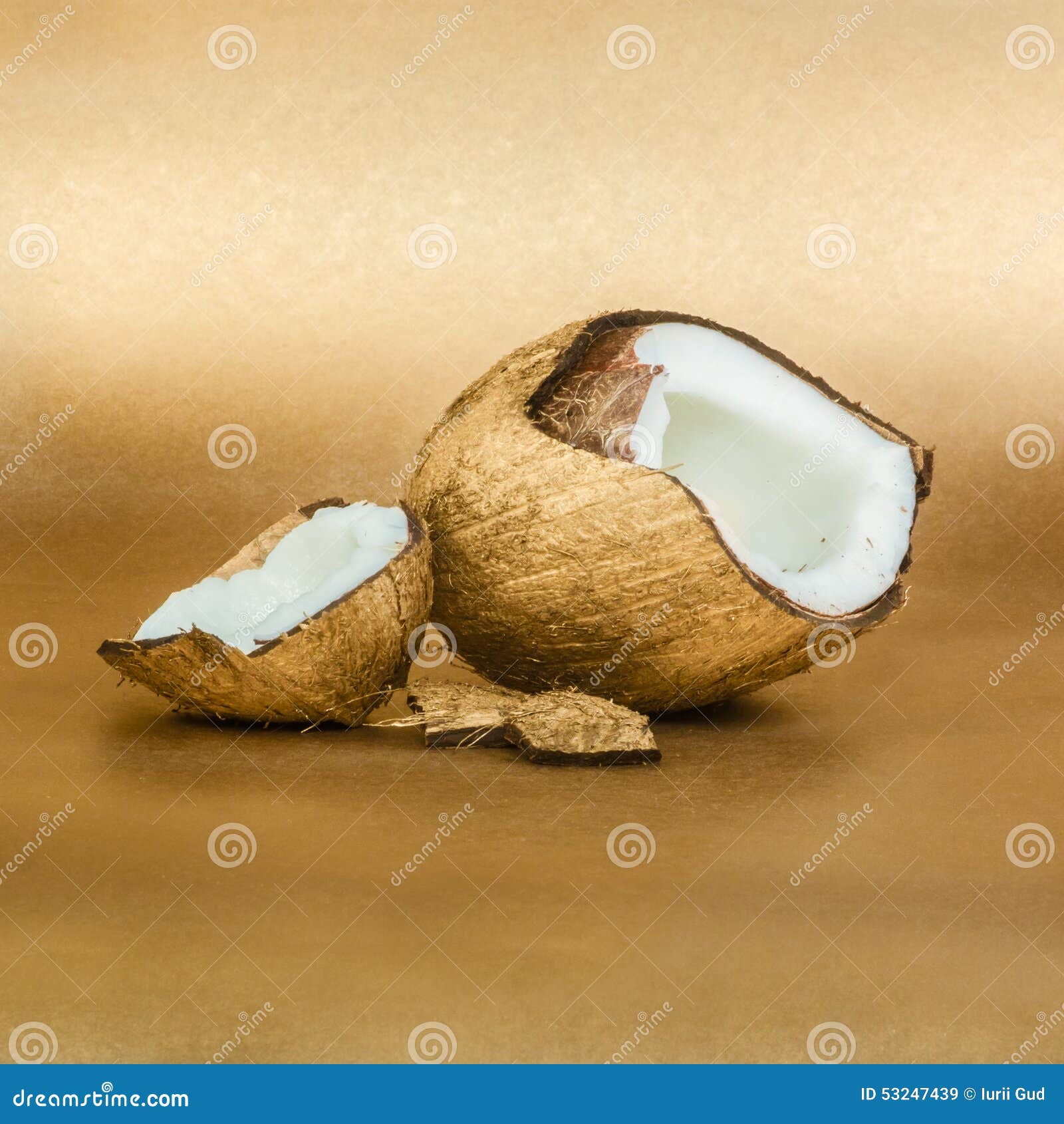 Coconut Cut With Golden Peel On Gold Background Stock Image - Image of ...