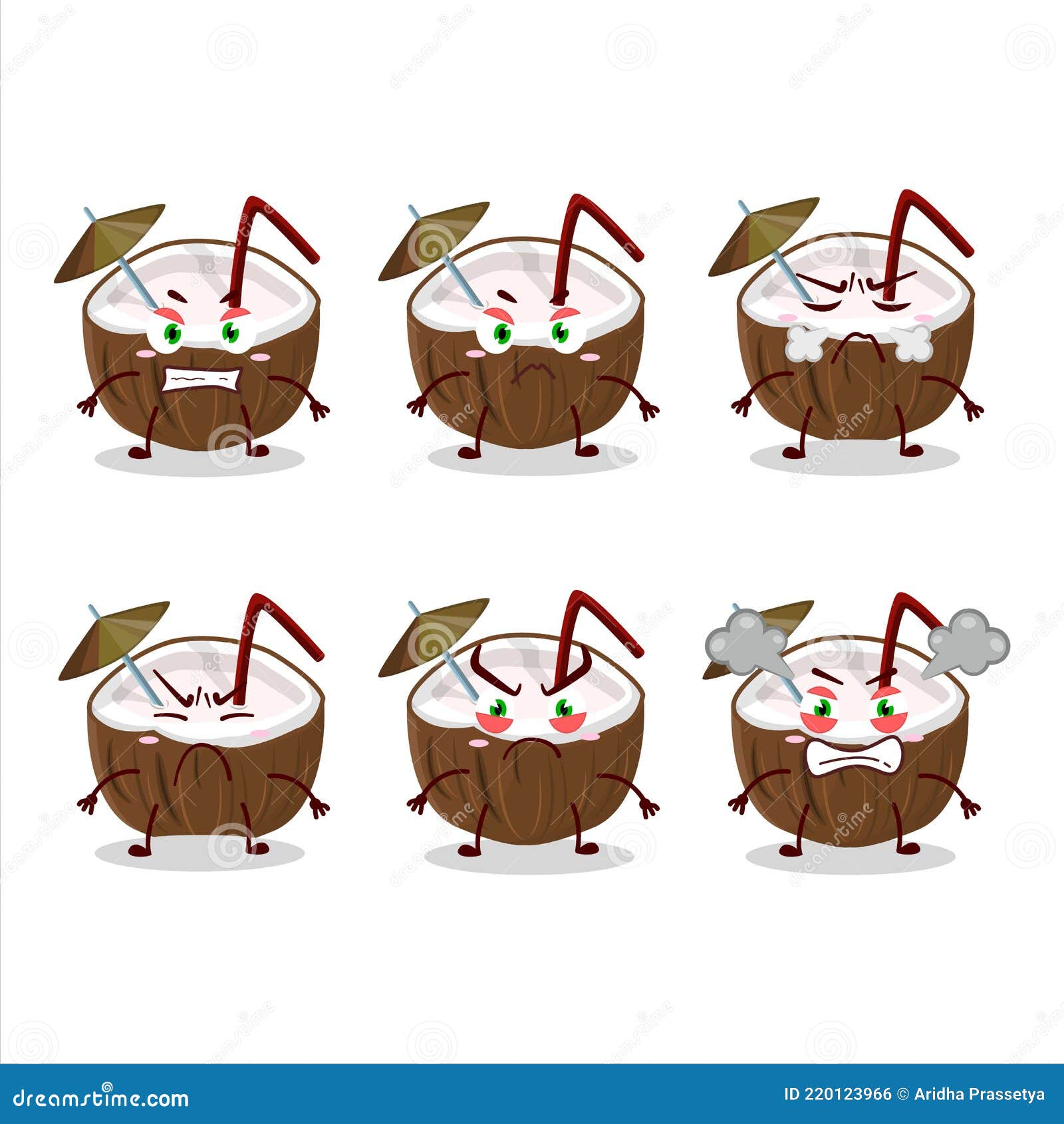 Coconut Drink Cartoon Character with Various Angry Expressions Stock ...