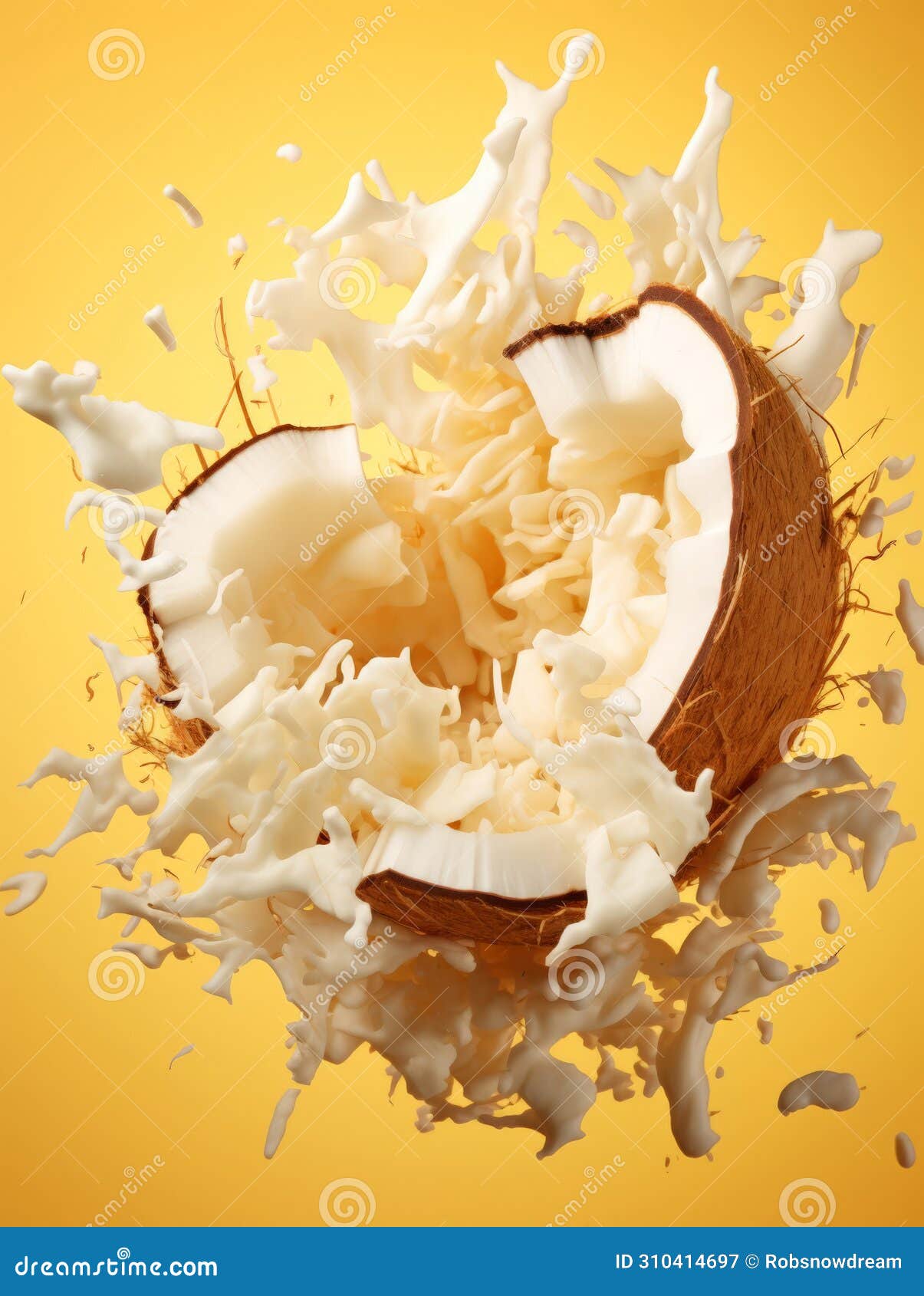 Coconut Explosion Against a Pure Yellow Background Stock Illustration ...