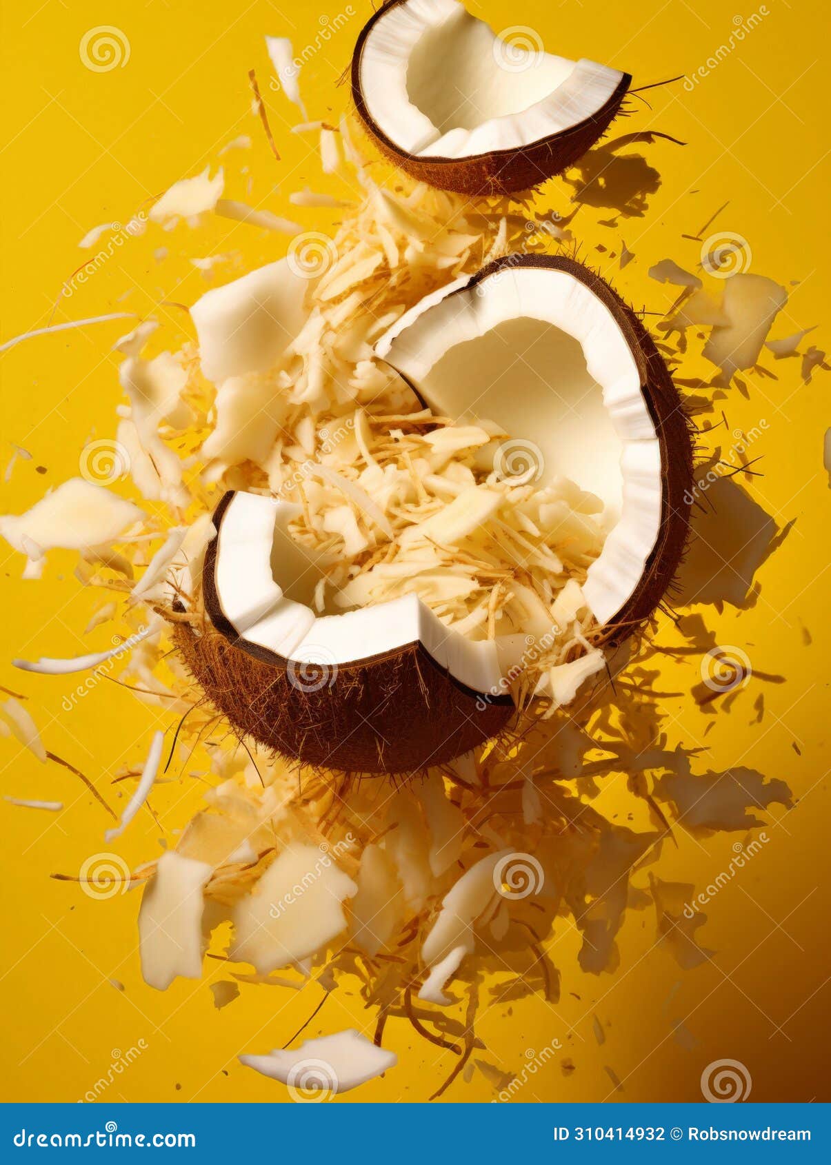 Coconut Explosion Against a Pure Yellow Background Stock Illustration ...