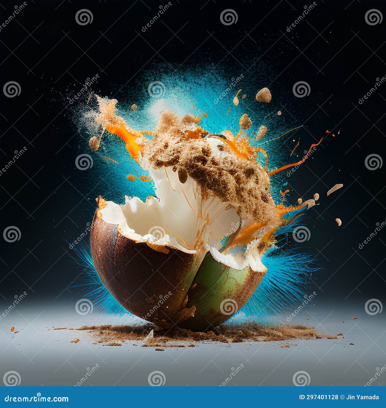 Coconut Explosion with Splashes on Dark Background. 3d Illustration ...