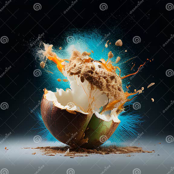 Coconut Explosion with Splashes on Dark Background. 3d Illustration ...