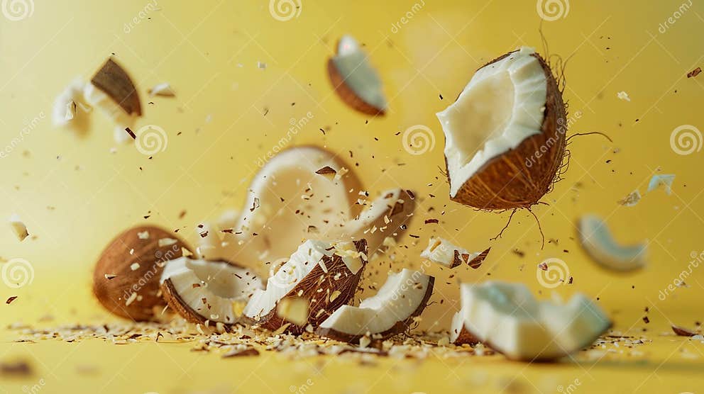 Coconut Falling from the Air on a Orange Background Stock Photo - Image ...