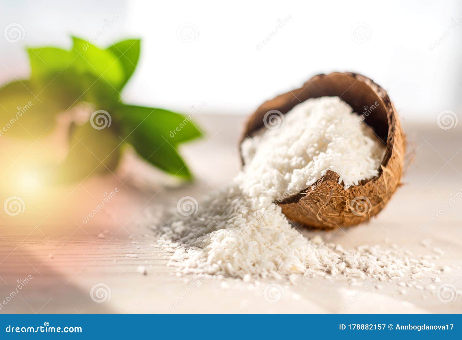 Coconut Flakes Lies in a Coconut Shell, Cut into Two Halves Stock Image ...