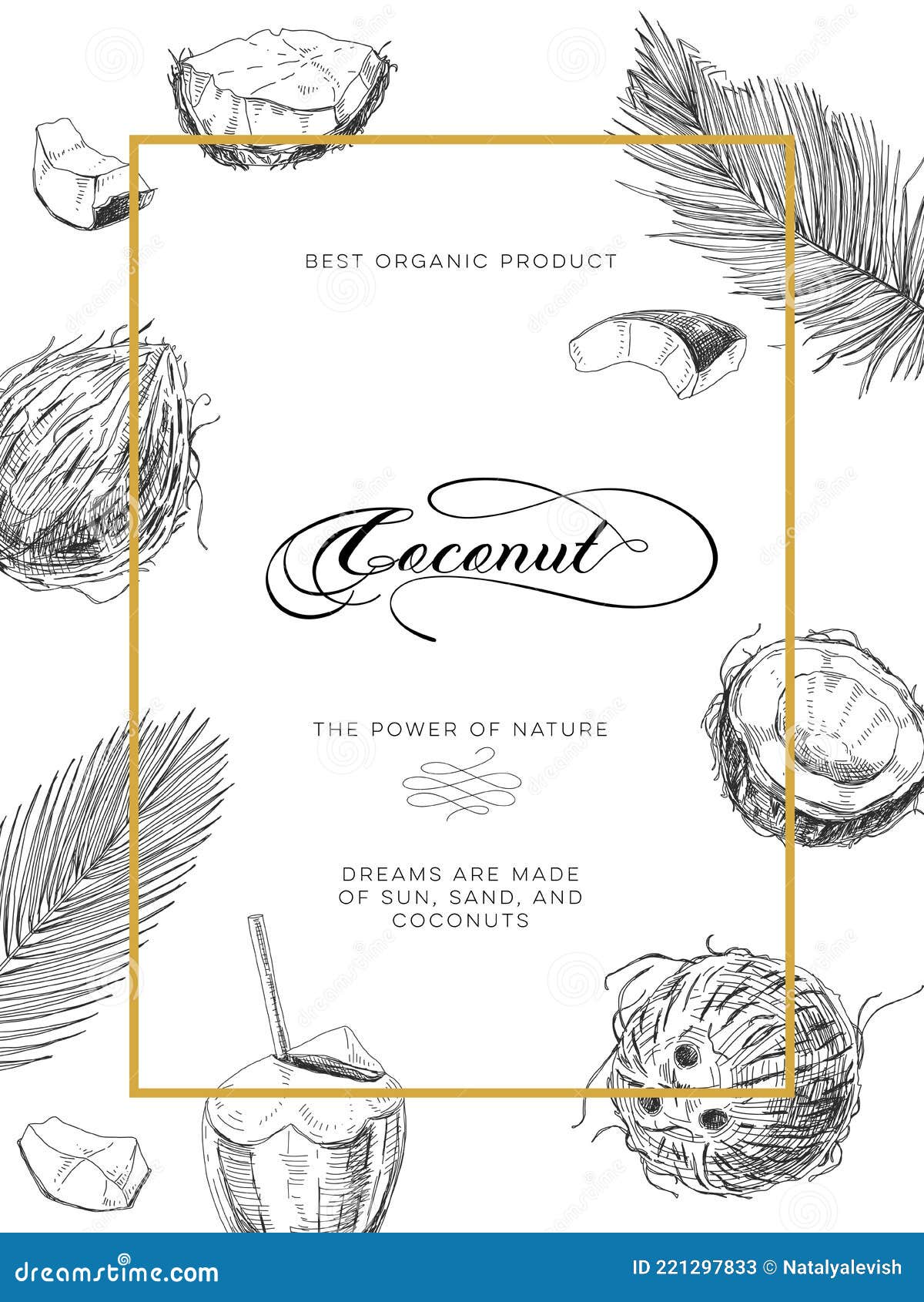 Coconut Frame Poster, Retro Hand Drawn Vector Illustration. Stock ...